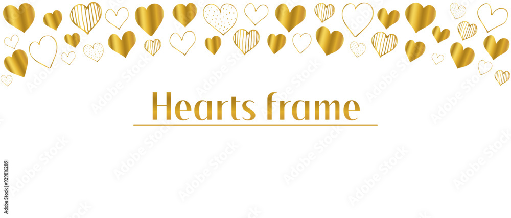 Horizontal up frame with hand draw doodle hearts in gold gradient ...