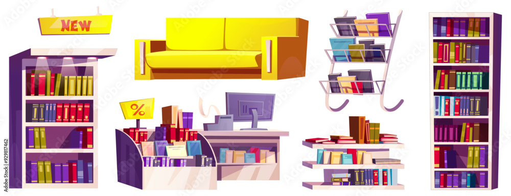 Bookstore furniture set isolated on white background. Vector cartoon ...