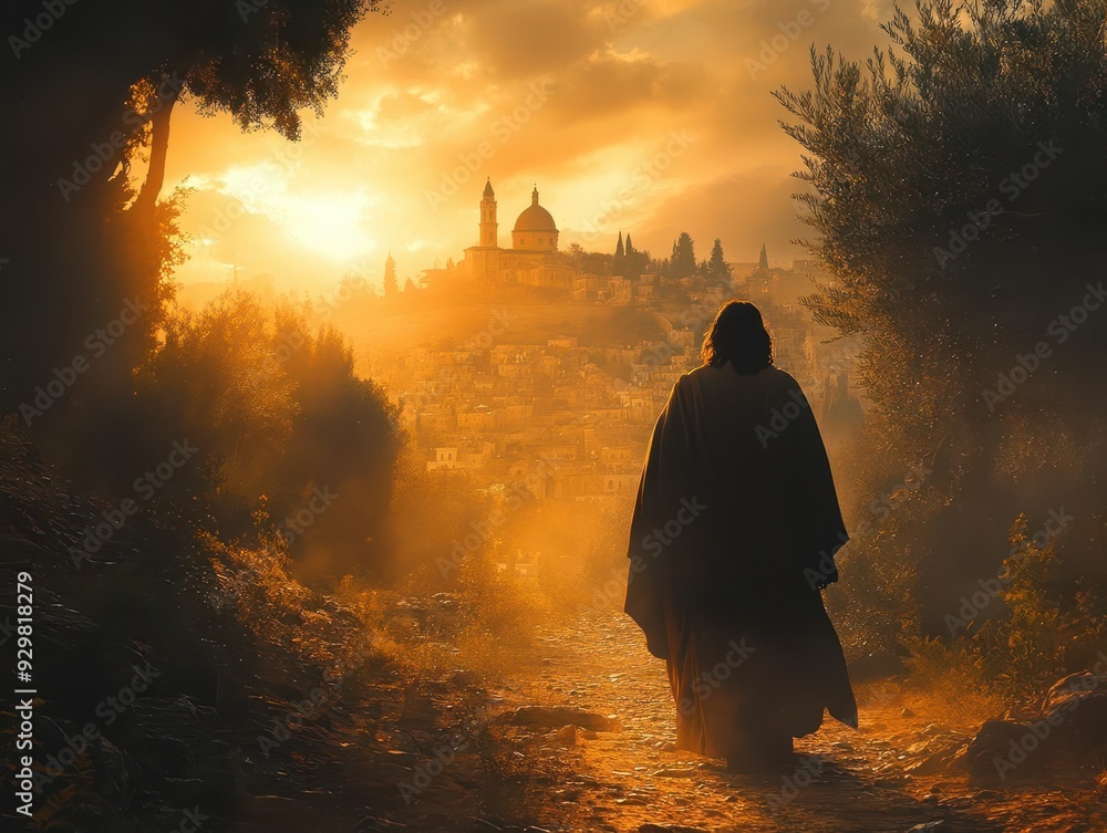 biblical scene reimagined jesus walking on dusty path towards jerusalem ...