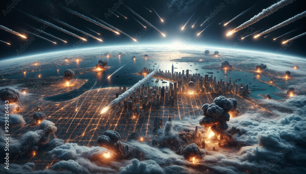 Apocalypse. City under attack by rockets. War and destruction. Dramatic ...