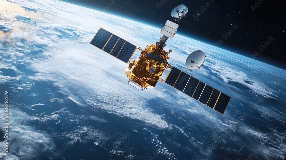 A satellite in space, gliding over Earth's surface, capturing images of ...