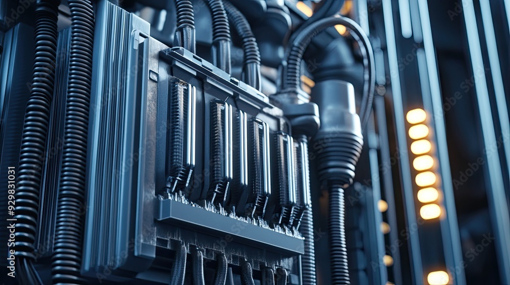 High-voltage electric transformer with a detailed view of its ...