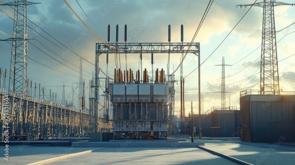 Wide shot of a high-voltage electric transformer surrounded by power ...