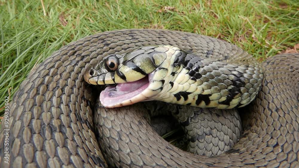 A Grass Snake, also known as a Barred Grass Snake, Natrix helvetica ...