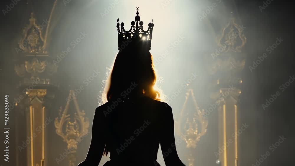 Silhouette girl in dress, crown. Queen stands in palace royal reception ...