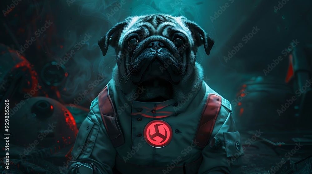 Brave pug in a dark environment wearing a medic suit with a red ...
