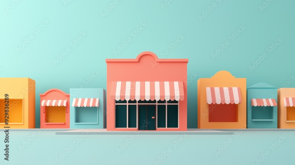 Colorful storefronts with awnings line a vibrant background, perfect ...
