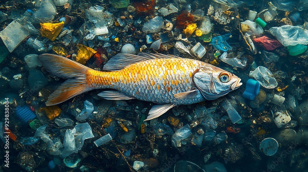 Ocean pollution featuring a dead fish amidst plastic waste, with space ...