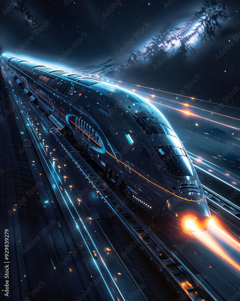 a futuristic, high-speed train traveling through a space-like ...