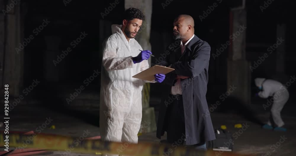 Crime scene, detective and forensic police in discussion with evidence ...