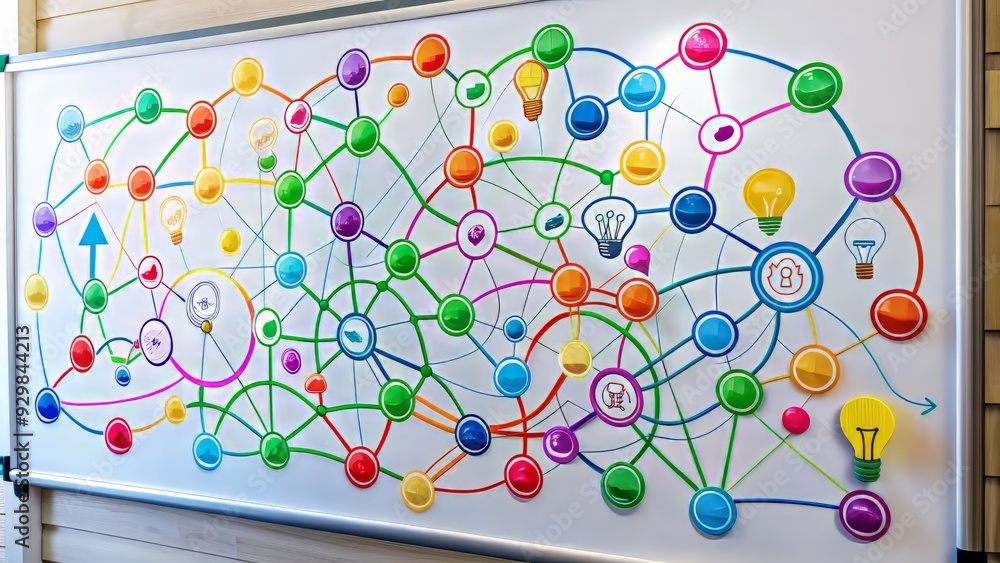 Vibrant colorful mind maps on a whiteboard, filled with creative ideas ...
