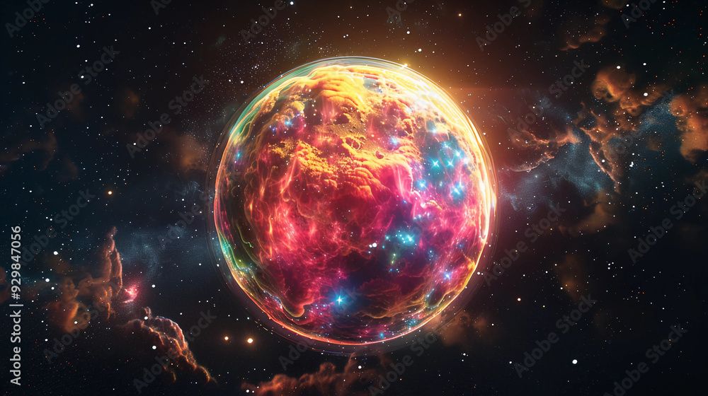 3D Spectacular cosmic cloud explosion within transparent sphere with ...