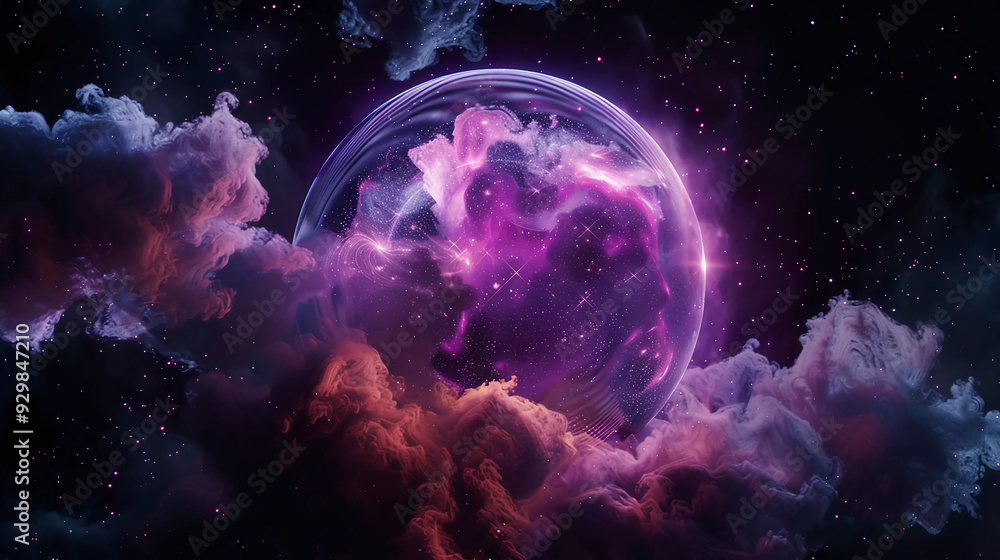 3D Spectacular cosmic cloud explosion within transparent sphere with ...