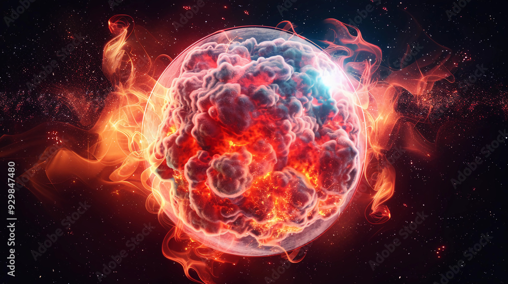 3D Spectacular cosmic cloud explosion within transparent sphere with ...