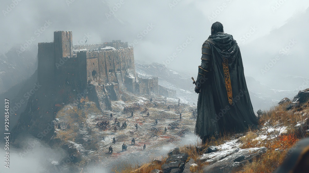 A lone knight stands before a formidable fortress, overlooking a vast ...