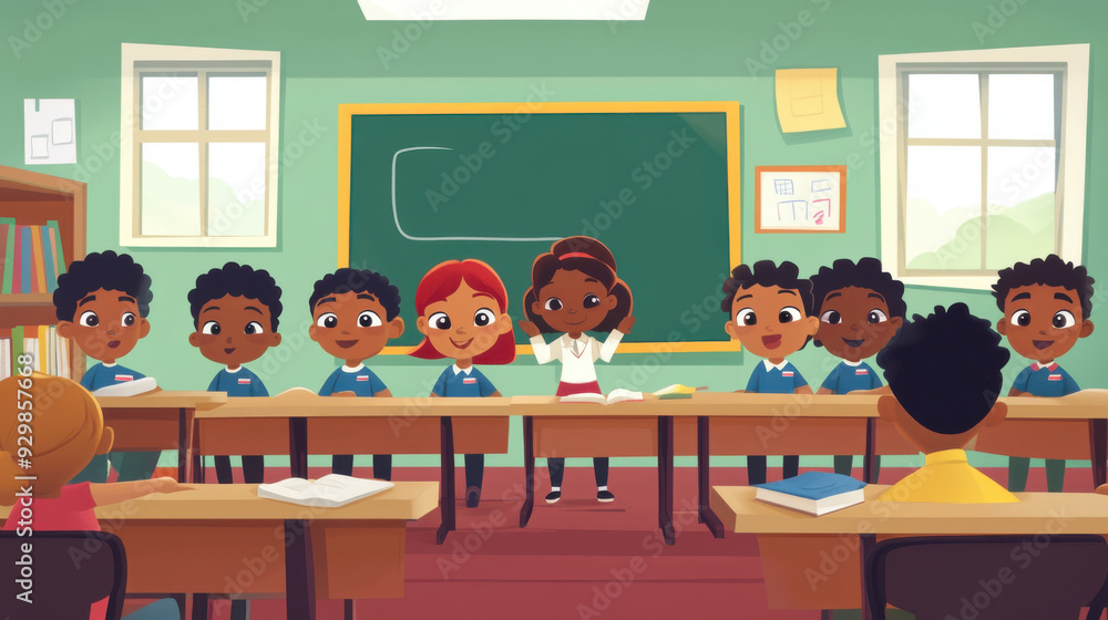 Animated cartoon of a classroom with children of diverse skin tones ...