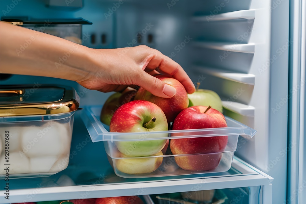 Hand reaches for transparent container of apples in refrigerator ...
