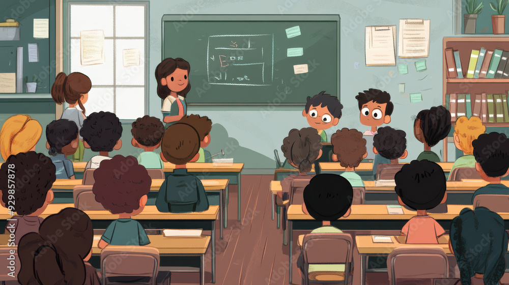 Animated cartoon of a classroom with children of diverse skin tones ...
