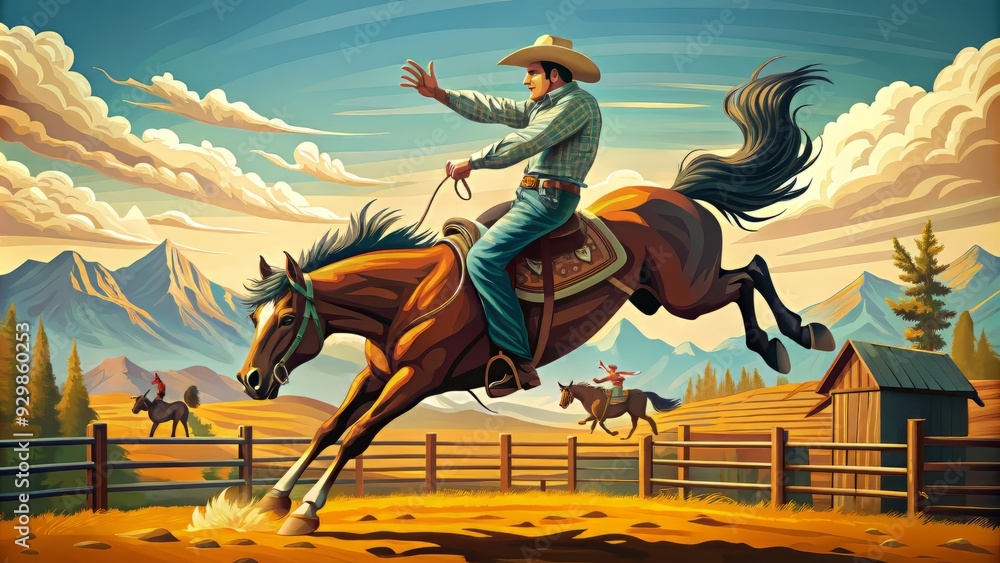 Vibrant illustration of a rodeo scene featuring a cowboy riding a ...