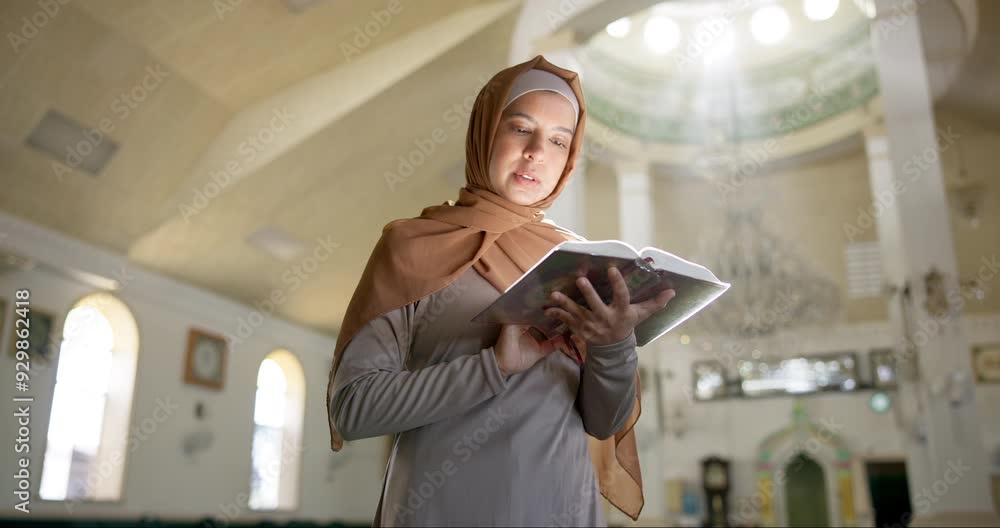 Muslim woman, islam and reading with quran at mosque for god worship ...