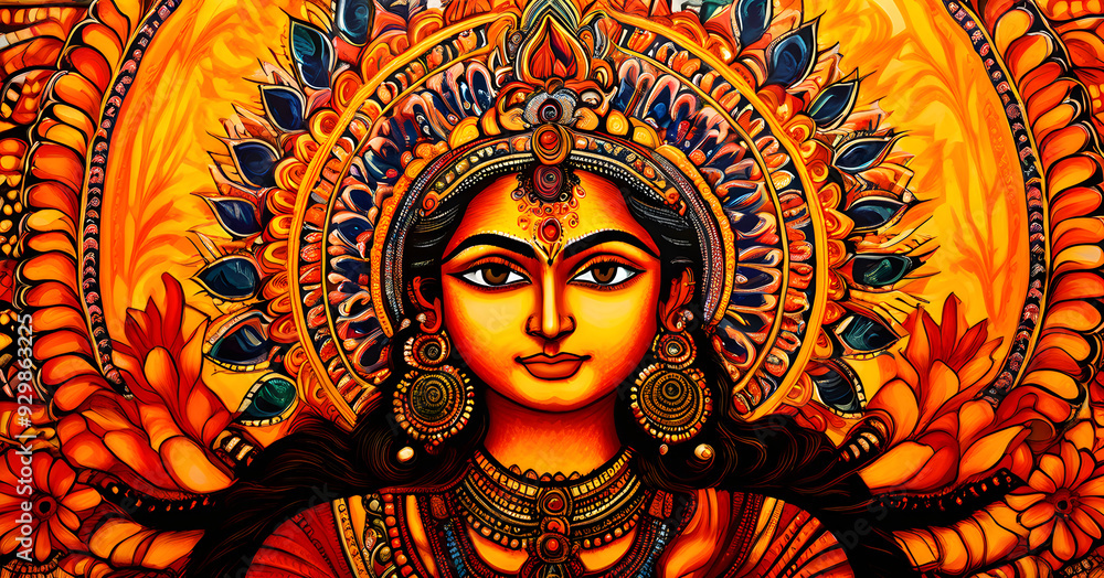 An Indian Madhubani painting depicting the Sun God Surya, encircled by ...