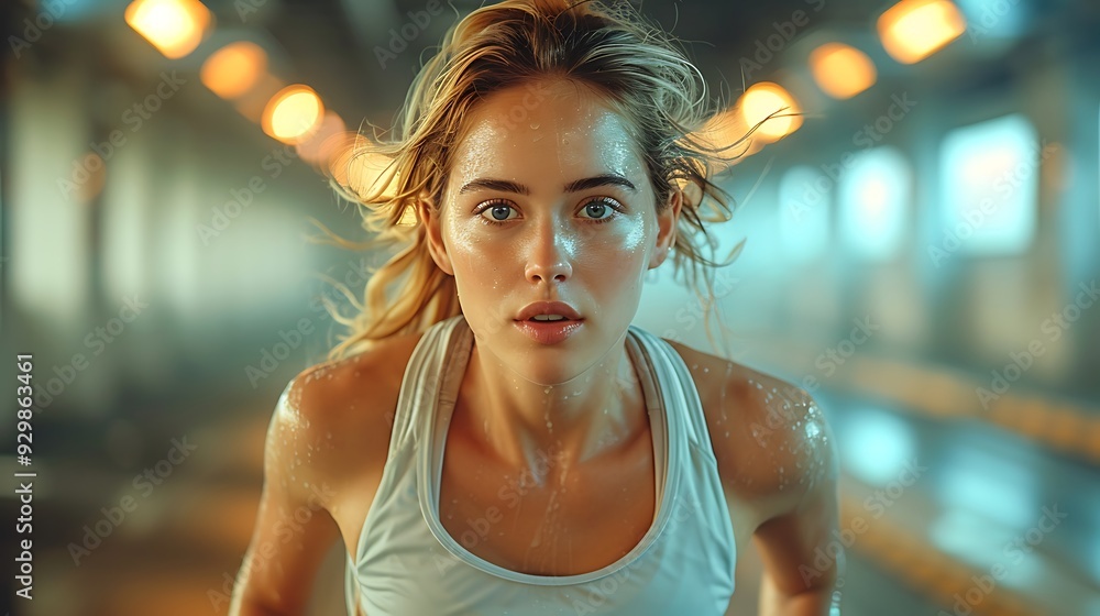 A photograph of a woman sprinting on a treadmill. sweat flying off her ...