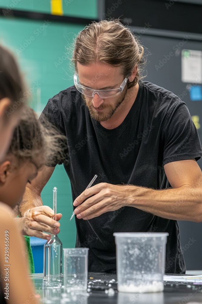 A teacher conducting a hands-on science lab with students conducting ...