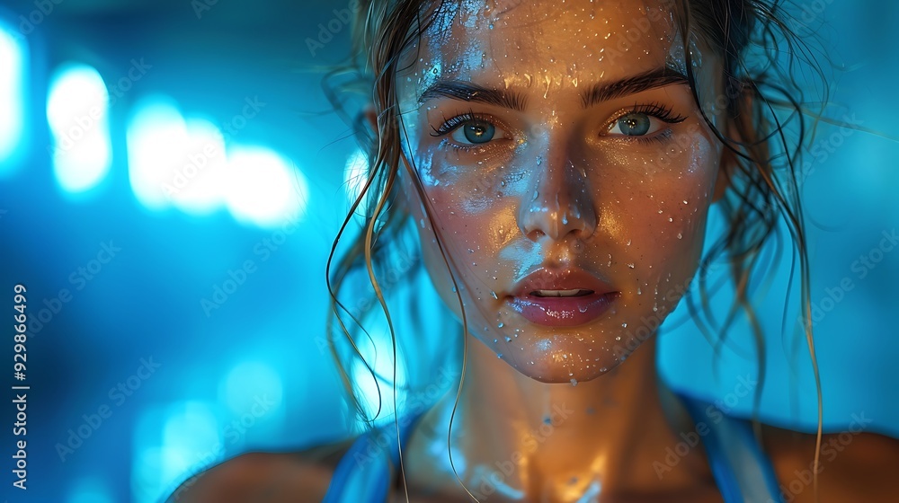 An intense workout scene featuring a woman running on a treadmill. her ...