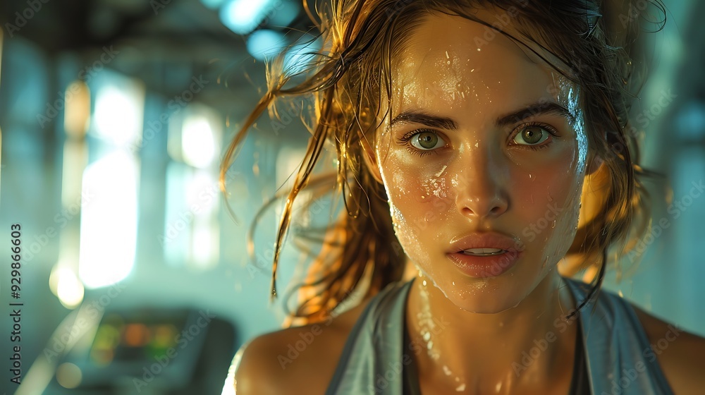 An intense workout scene featuring a woman running on a treadmill. her ...