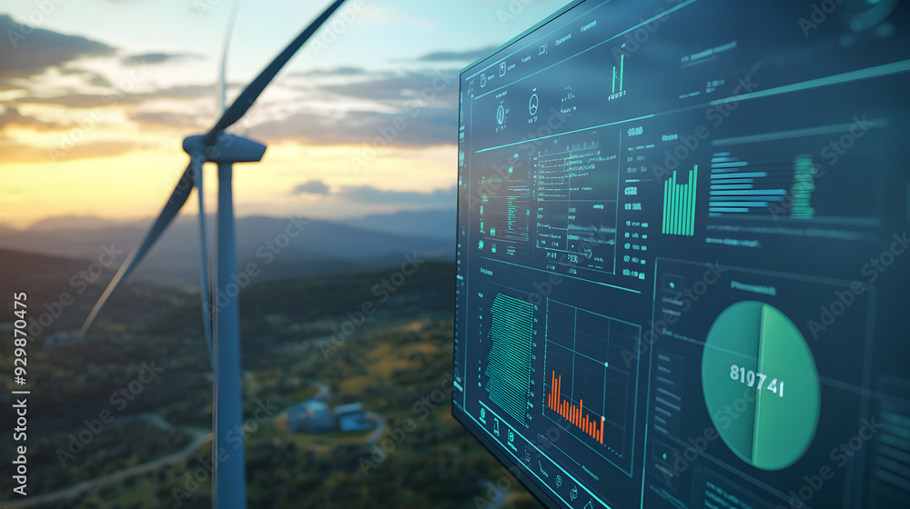 Modern wind turbine with a detailed energy data analytics dashboard in ...