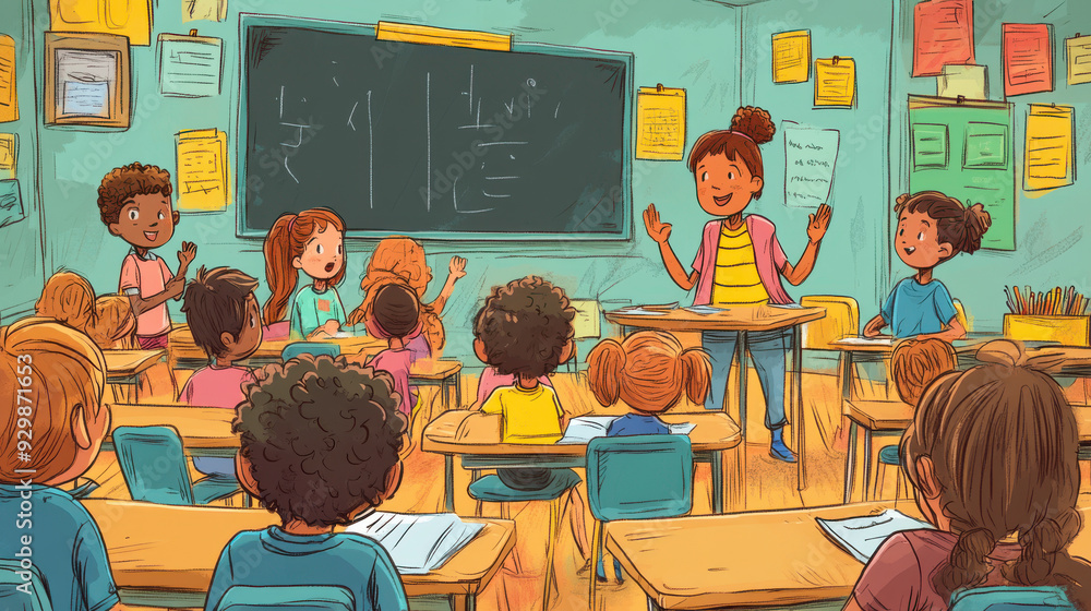 Colorful cartoon-style classroom scene with children of various skin ...