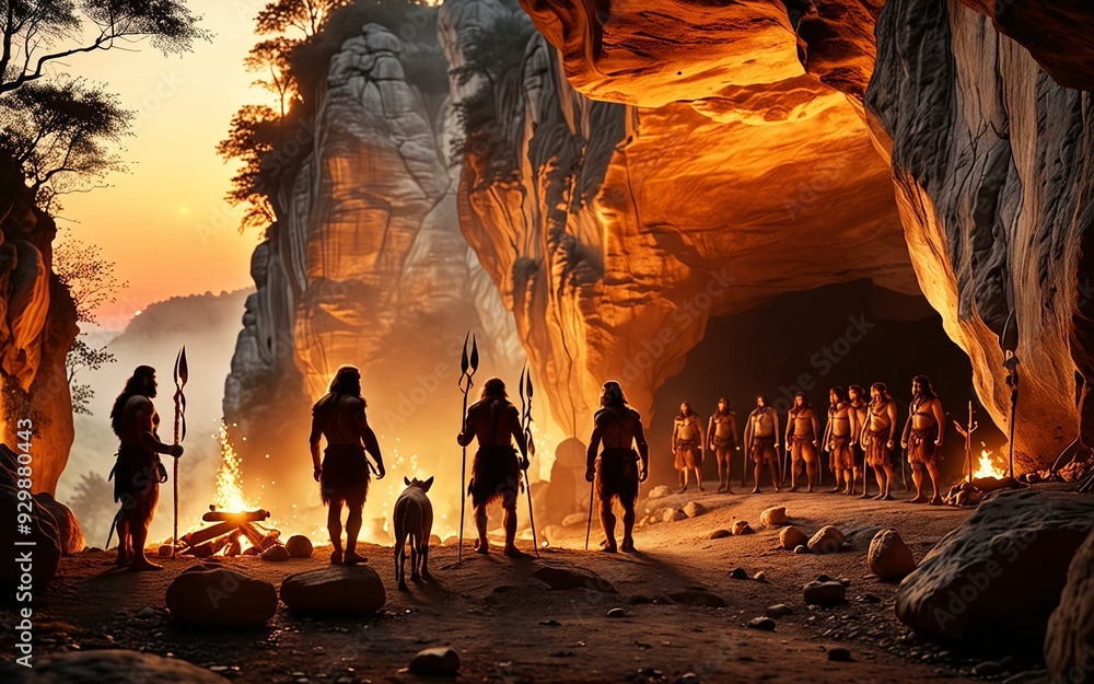 A primitive tribe of ancient people in animal skins stands by a large ...