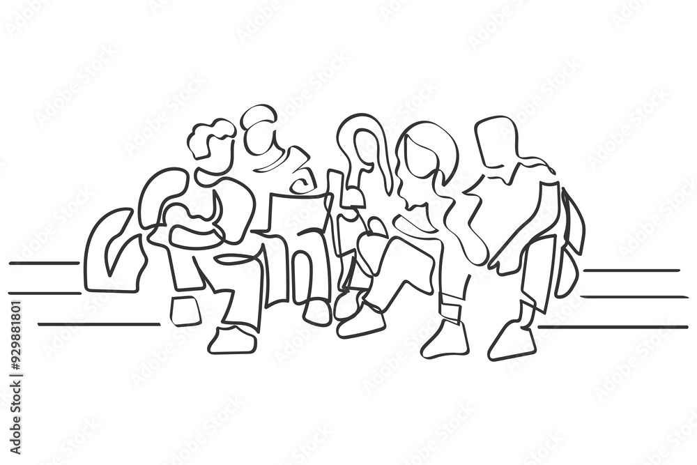 hand drawn line art vector of college students sitting together ...