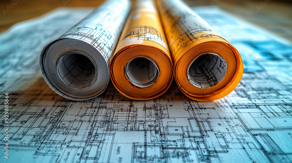 Architectural blueprints rolled up neatly on blueprint paper ...