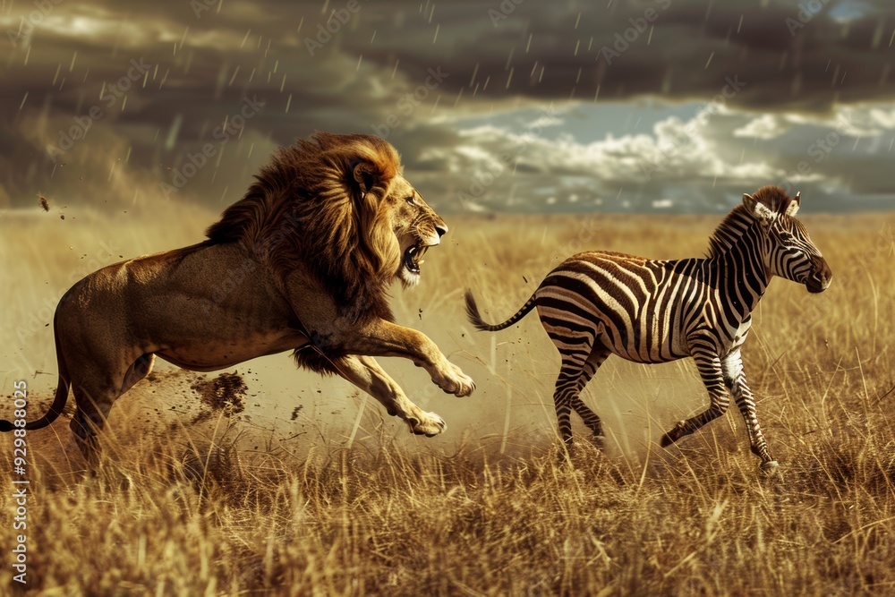 Lion and zebra lie close together amidst dense foliage, Unusual pairing ...
