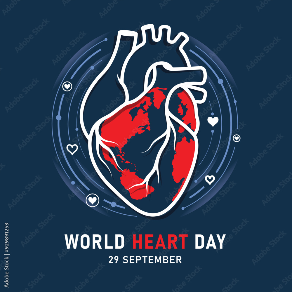World heart day banner - white line human heart with red world texture ...