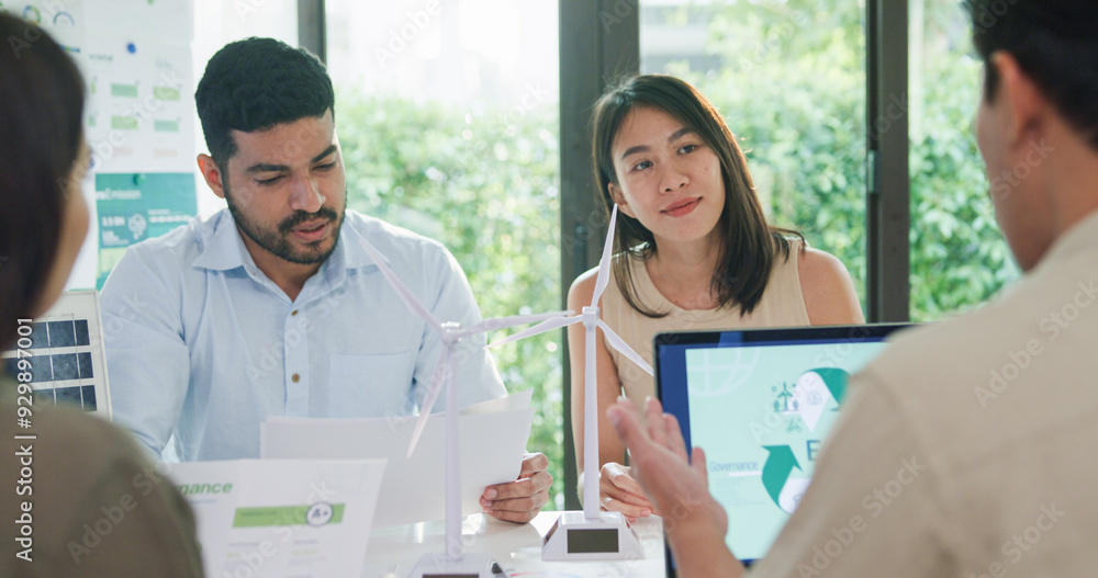 Group diverse Asia businesspeople talk ESG strategies risk management workshop, SDGs report ...