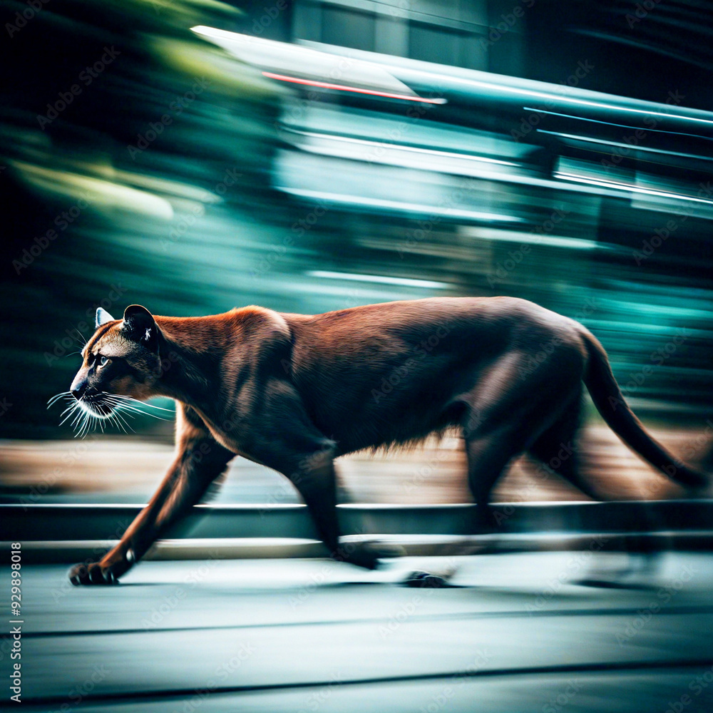 A puma in mid-stride, captured with motion blur, gracefully dashes ...