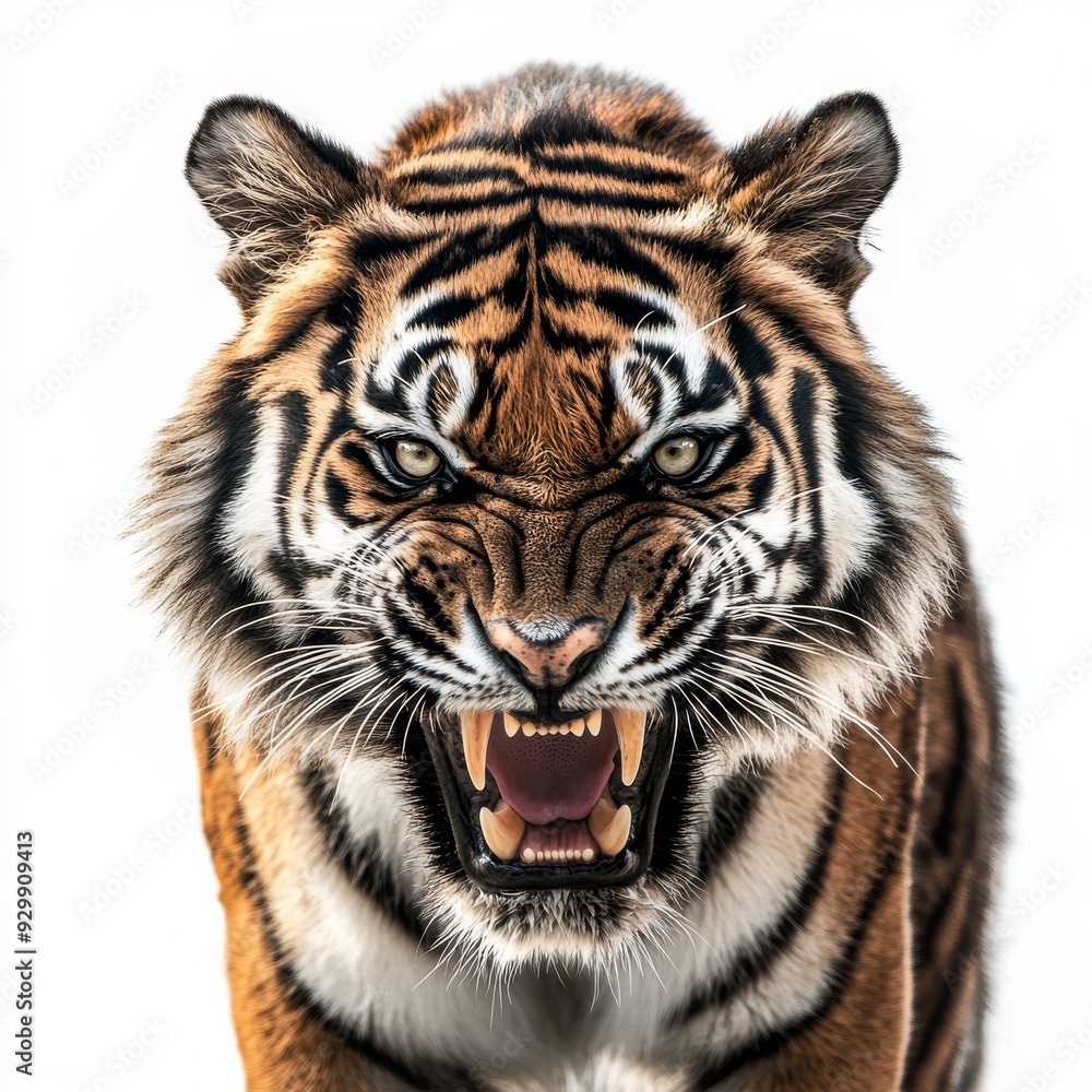 Isolated white background showing an angry tiger face roaring with an ...