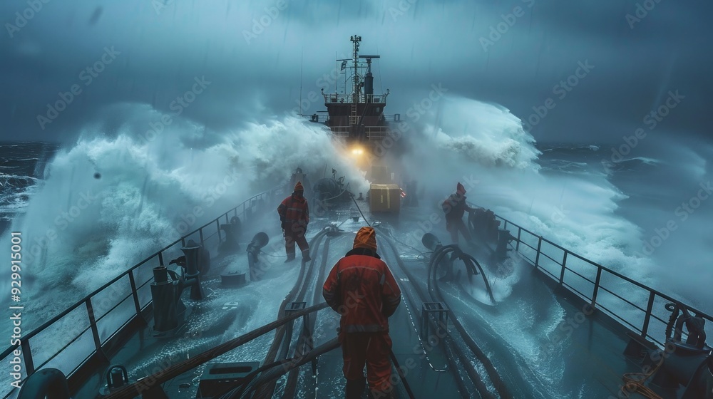 Container ship crew securing cargo during a heavy storm in open waters ...