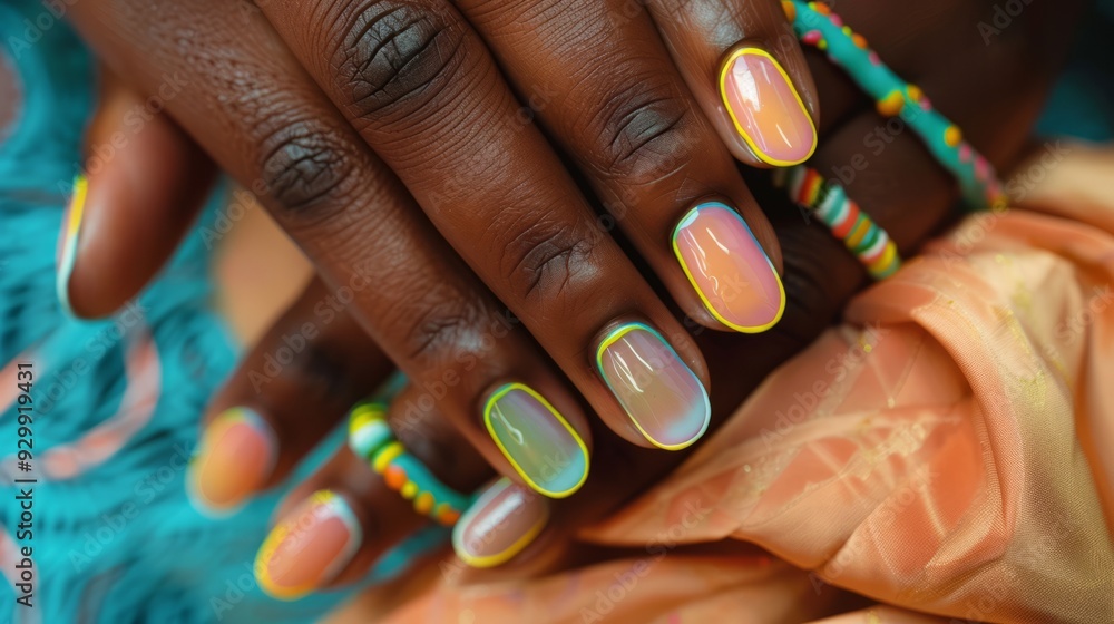 The hand features artistic nail designs, showcasing various colors and ...
