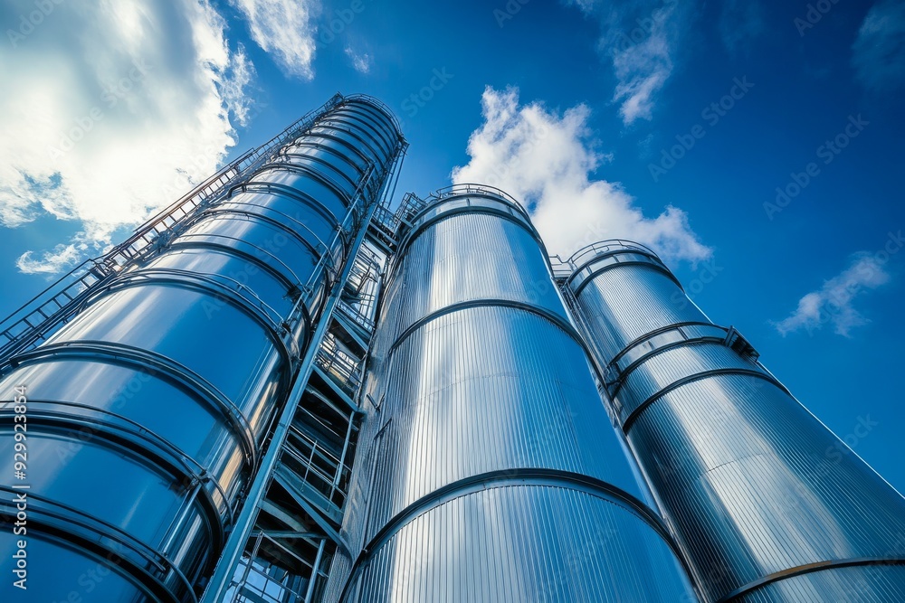 Towering silos stretch skyward at an industrial plant, reflecting ...