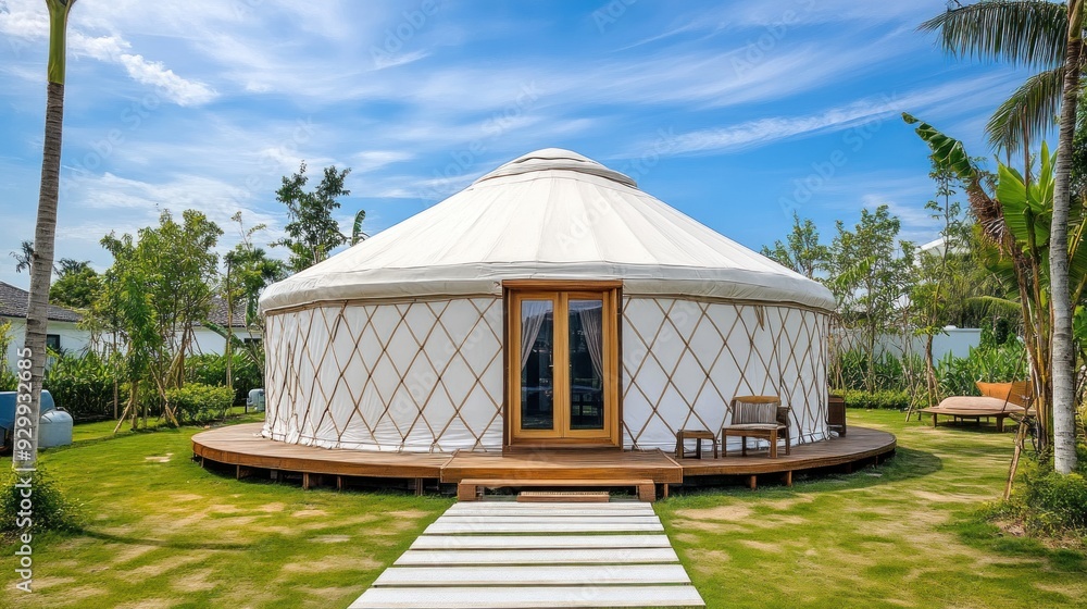 White yurt with wooden frame and a wooden deck in front of it. The yurt ...