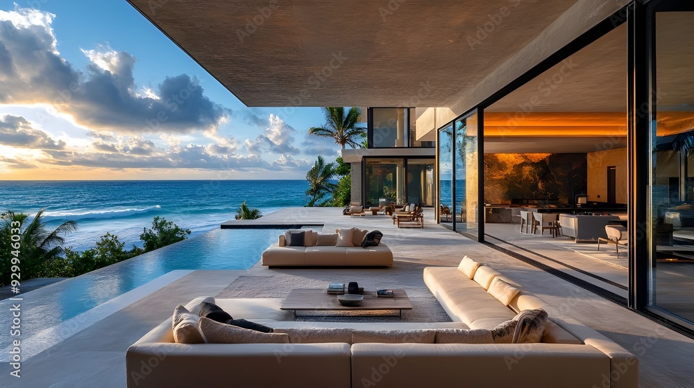 Modern living room of ocean front house. Contemporary beachfront home ...