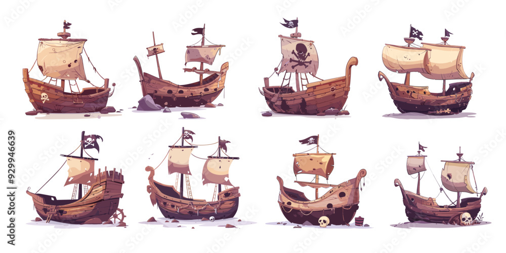 Shipwreck cartoon vector set. Ships skull bone black roger flag old ...