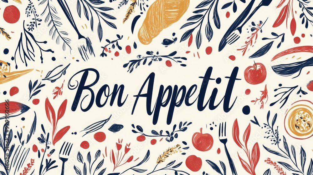 Digital illustration of the text "Bon Appetit" in a chic, handwritten ...