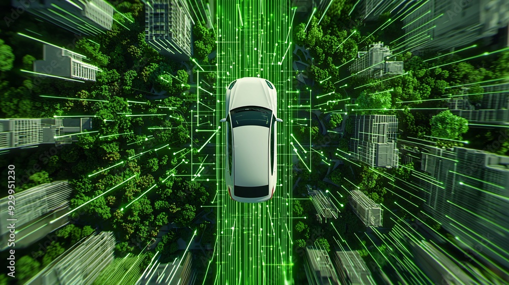 Autonomous vehicle AI interface, self-driving car, cityscape ...