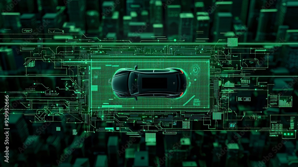 Autonomous vehicle AI dashboard, self-driving car in cityscape ...