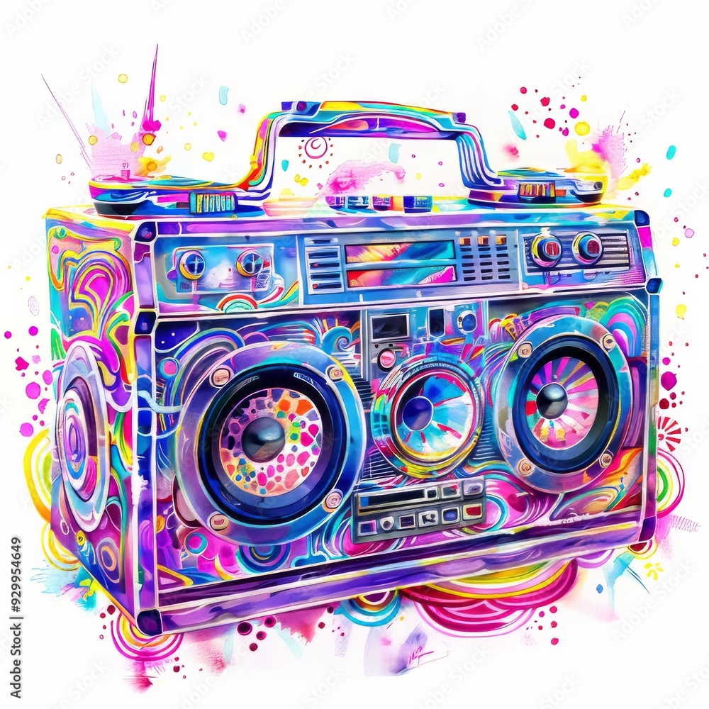 Watercolor painting of a nostalgic boombox transformed into a neon ...