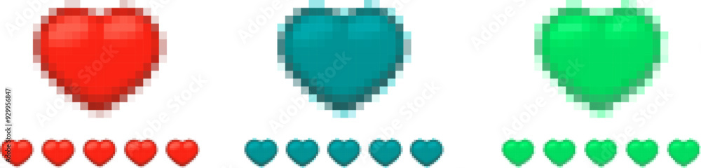 Pixel art heart set isolated on white. vector red, blue and green heart ...